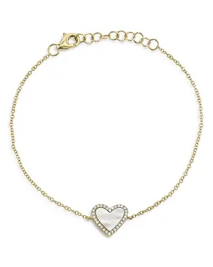 MOON & MEADOW 14k Yellow Gold Diamond & Mother-of-pearl Heart Bracelet - White