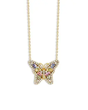 SUZANNE KALAN 18k Yellow Gold Rainbow Sapphire & Diamond Butterfly Pendant Necklace - Multi