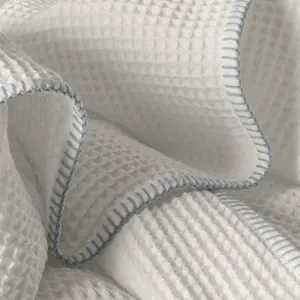 BOLL & BRANCH Waffle Cotton Bed Blanket, King/cali King - White/hydrangea Whipstitch