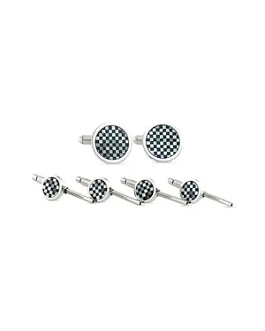 David Donahue Sterling Mother Of Pearl & Onyx Checkerboard Stud & Cufflink Set - Silver