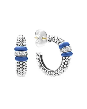 Lagos 14k Yellow Gold, Sterling Silver, Ceramic, And Diamond Hoop Earrings - Blue/silver
