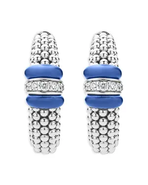 Lagos 14k Yellow Gold, Sterling Silver, Ceramic, And Diamond Hoop Earrings - Blue/silver