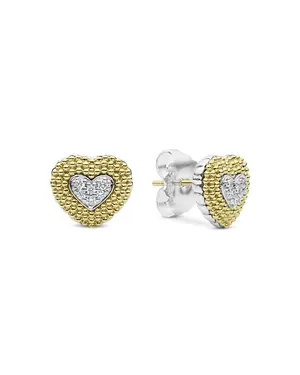 Lagos Sterling Silver And 18k Yellow Gold Diamond Heart Stud Earrings - White/yellow