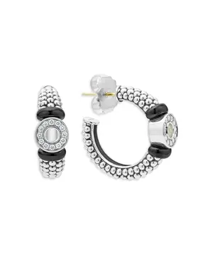 Lagos Sterling Silver Black Caviar Ceramic & Diamond Circle Hoop Earrings