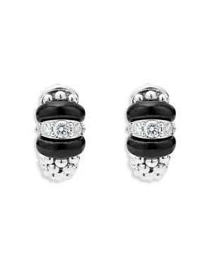Lagos Sterling Silver, Ceramic, And Diamond Bead Hoop Earrings - Silver/black
