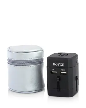 ROYCE NEW YORK International Travel Adapter In Leather Carrying Case - Silver
