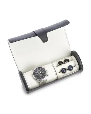 ROYCE NEW YORK Leather Watch Roll & Cufflink Storage Case - Black