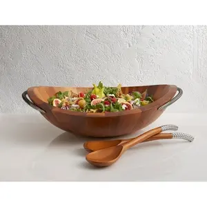 NAMBE Braid Collection Salad Bowl & Servers - Chrome Plate And Acacia Wood