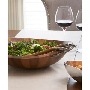 NAMBE Braid Collection Salad Bowl & Servers - Chrome Plate And Acacia Wood