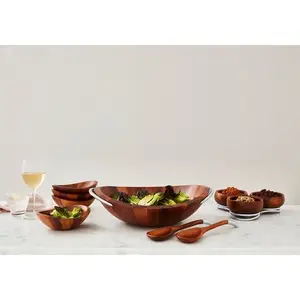 NAMBE Braid Collection Salad Bowl & Servers - Chrome Plate And Acacia Wood