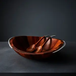 NAMBE Braid Collection Salad Bowl & Servers - Chrome Plate And Acacia Wood