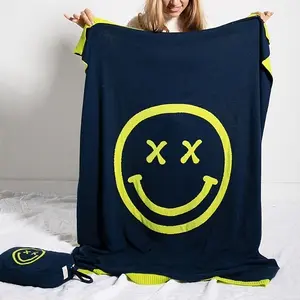PINK LEMONADE Smiley Travel Throw Blanket - Navy Blue