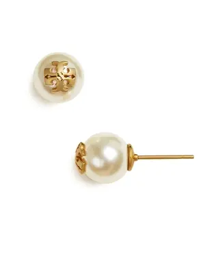 Tory Burch Imitation Pearl Stud Earrings - White/gold