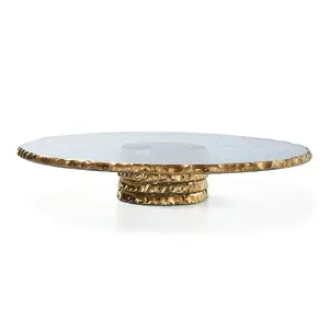 ANNIEGLASS Edgey Pedestal Cake Plate - Clear Glass/gold Trim