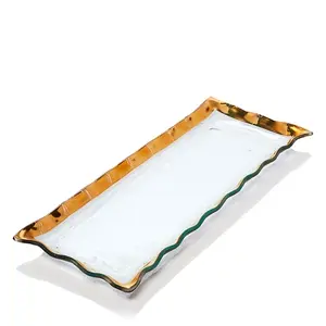 ANNIEGLASS Ruffle Rectangular Dish, 17.5 X 6.5 - Clear Glass/gold Trim