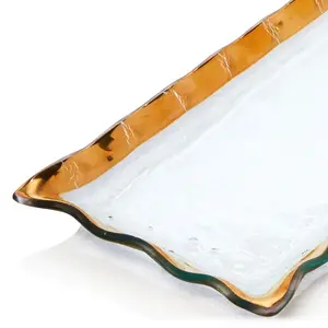 ANNIEGLASS Ruffle Rectangular Dish, 17.5 X 6.5 - Clear Glass/gold Trim