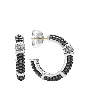 Lagos Sterling Silver Black Caviar Diamond Hoop Earrings - Black/silver