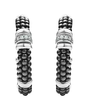 Lagos Sterling Silver Black Caviar Diamond Hoop Earrings