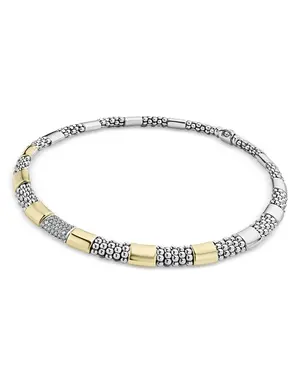 Lagos Sterling Silver And 18k Gold Diamond High Bar Necklace