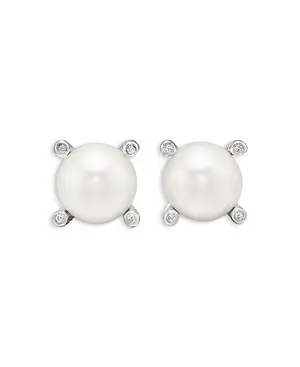 David Yurman Pearl Stud Earrings With Diamonds - Silver