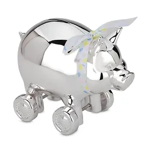 REED & BARTON Silverplated Piggy With Wheels Coin Bank - Metallic