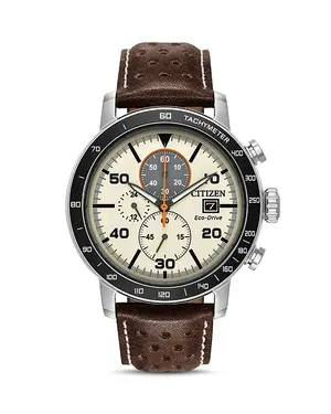 Citizen 44mm Leather Strap Watch - Ivory/brown