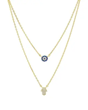 Aqua Double Strand Hamsa Pendant Necklace - Gold