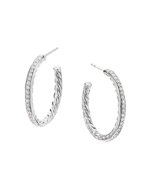 David Yurman Sterling Hoop Earrings With Diamonds - Silver