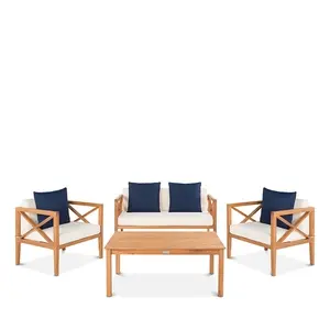 SAFAVIEH Nunzia 4 Piece Outdoor Living Set With Accent Pillows - Natural