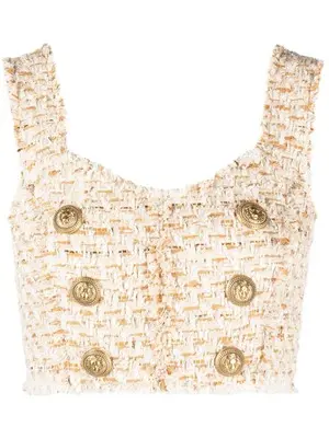 Balmain Button-embellished Tweed Cropped Top