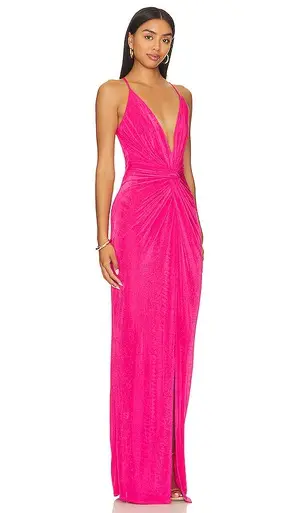 Katie May Fuchsia Plunge Neckline Ruched Gown - Pink Peacock