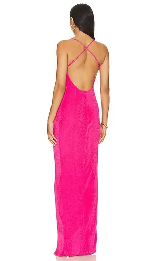 Katie May Fuchsia Plunge Neckline Ruched Gown - Pink Peacock
