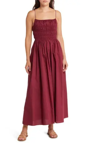 Moon River Smocked Tie Back Midi Dress - Burgundy