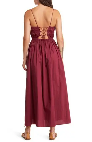 Moon River Smocked Tie Back Midi Dress - Burgundy
