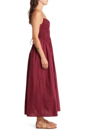 Moon River Smocked Tie Back Midi Dress - Burgundy