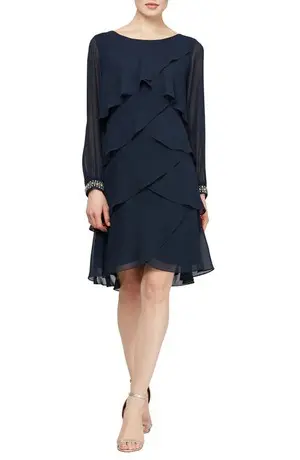 SL FASHIONS Long Sleeve Tiered Dress - Deep Navy