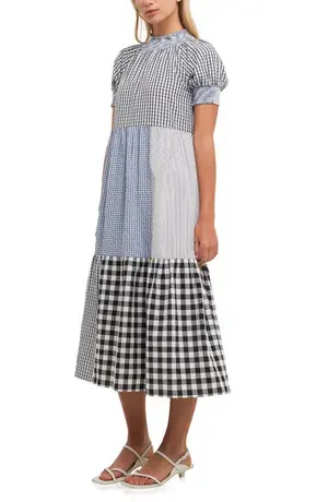 English Factory Patchwork Gingham Midi Dress