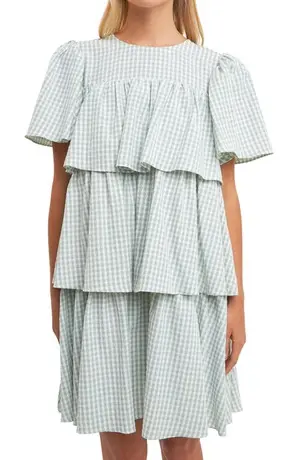 English Factory Gingham Print Tiered Dress