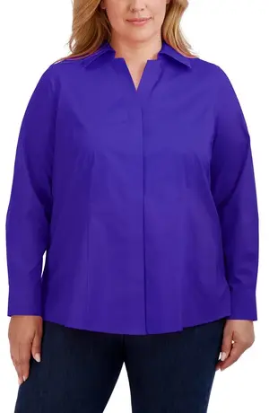 Foxcroft Taylor Non-Iron Long Sleeve Stretch Button-Up Shirt Blue Iris