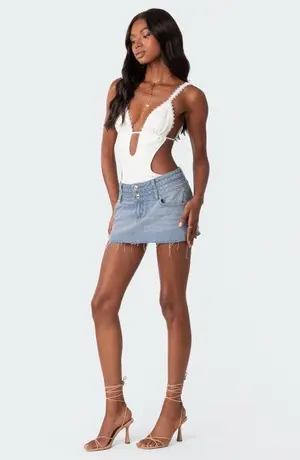 EDIKTED Double Waist Denim Miniskirt