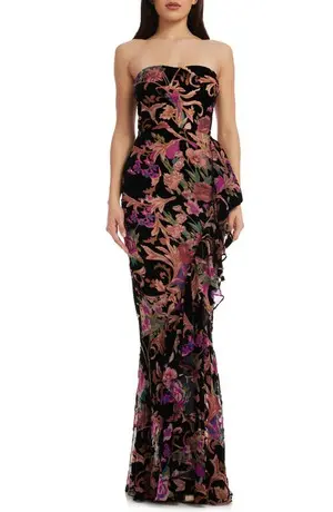 Dress The Population Paris Ruffle Strapless Gown - Black Multi
