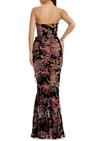 Dress The Population Paris Ruffle Strapless Gown - Black Multi