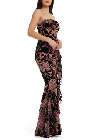 Dress The Population Paris Ruffle Strapless Gown - Black Multi