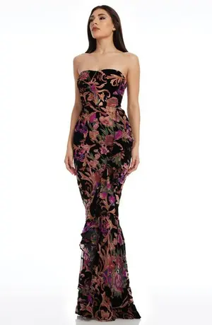 Dress The Population Paris Ruffle Strapless Gown - Black Multi