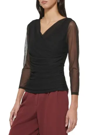 Dkny Surplice Mesh Top - Black