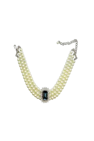 KENNETH JAY LANE 3 Row Pearl Choker With Sapphire And Crystal Center - Lime