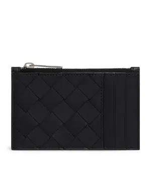 Bottega Veneta Leather Intrecciato Zipped Card Holder - Grey