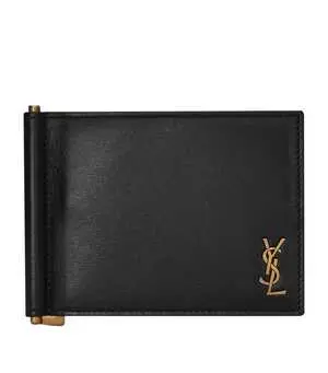 Saint Laurent Leather Monogram Bifold Money Clip Wallet - Black