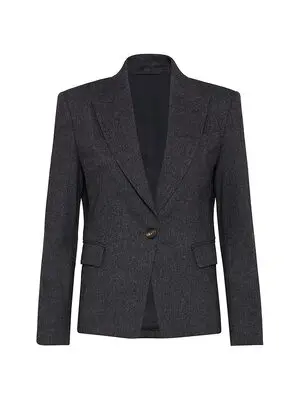 Brunello Cucinelli Women's Techno Virgin Wool Retro Flannel Blazer With Monili - Dark Grey  - Dark Grey