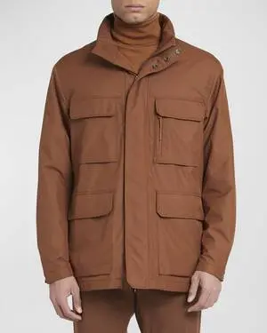 Zegna Men's Concealed Zip Field Jacket - Medium Brown Solid